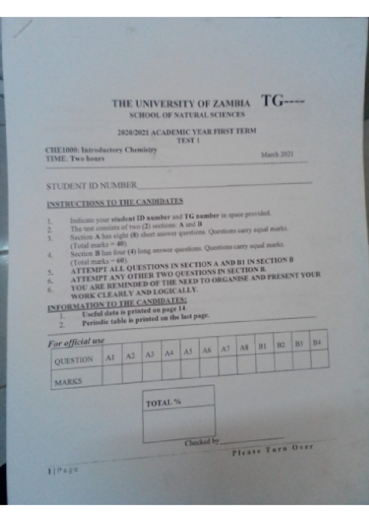 CHE 1000 TEST 1 2021-1E - THE UNIVERSITY OF ZAMBIA TG SCHOOL OF NATURAL ...