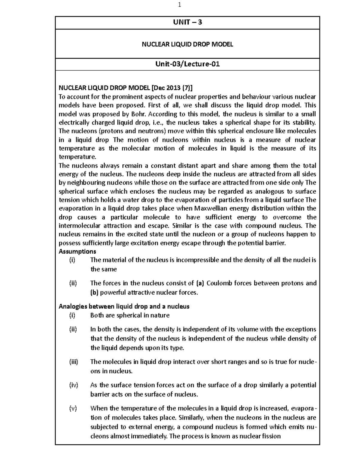 Be 201 engineering physics unit 3 - UNIT – 3 NUCLEAR LIQUID DROP MODEL ...