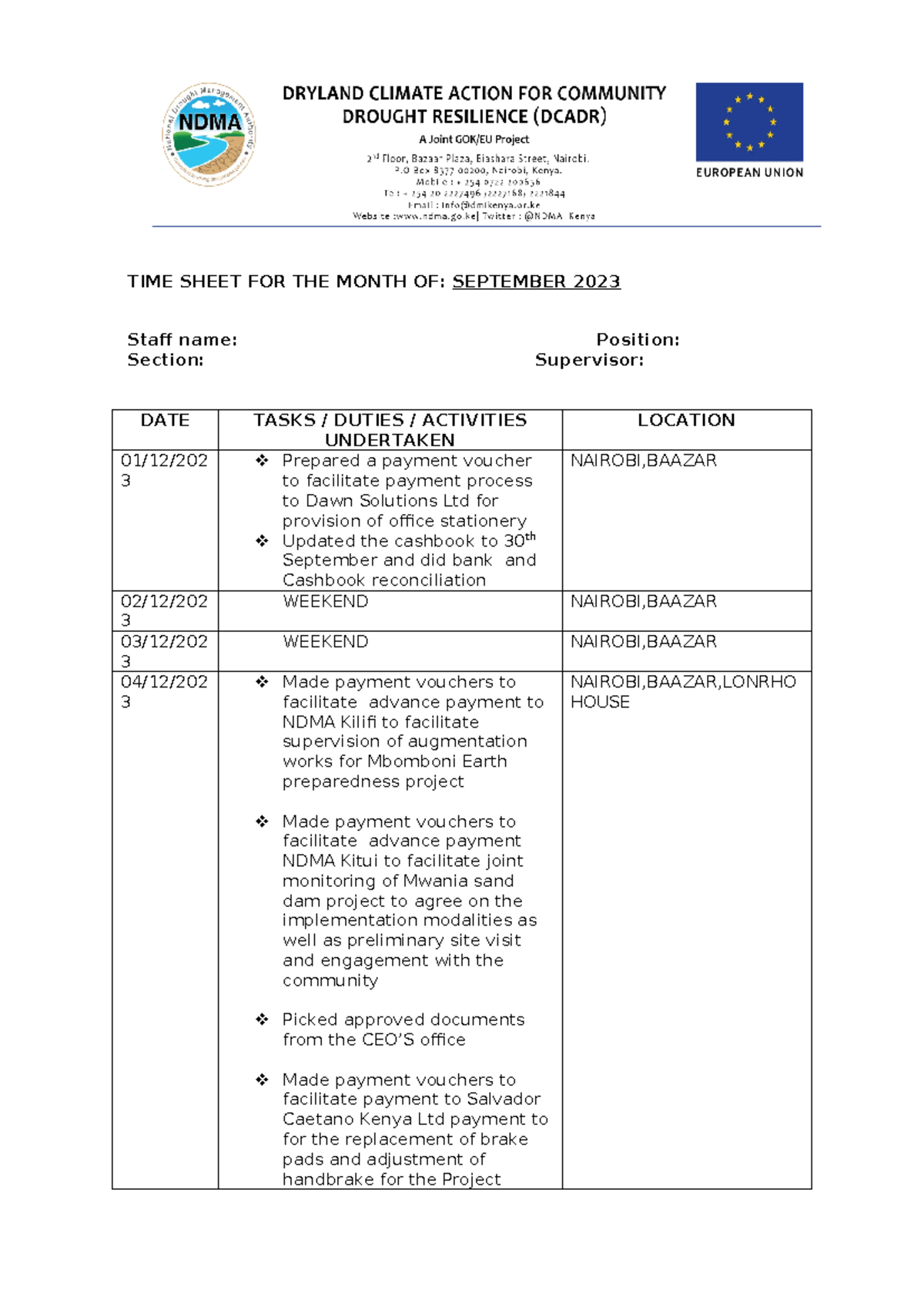 Davis December Timesheet - TIME SHEET FOR THE MONTH OF: SEPTEMBER 2023 ...