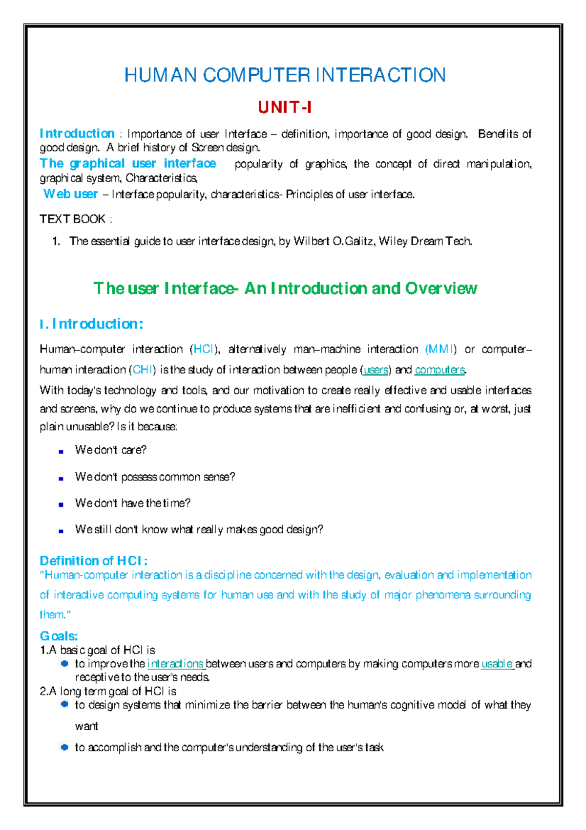 HCI Unit I - HUMAN COMPUTER INTERACTION UNIT-I Introduction : Importance of user Interface - Studocu