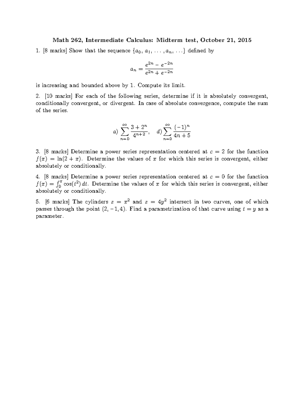 Fall 2015 Midterm - Math 262, Intermediate Calculus: Midterm test ...