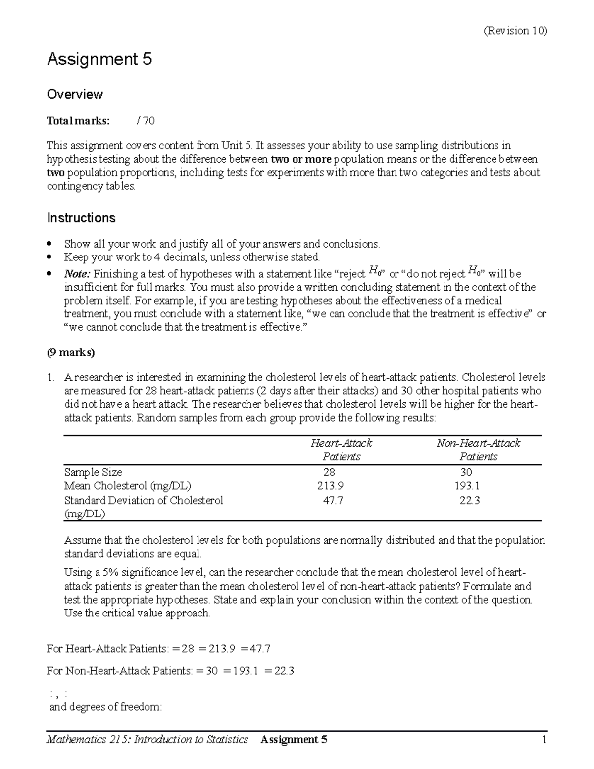 Assignment 5 - Graded 100% - Assignment 5 Overview Total marks: / 70 This assignment covers ...