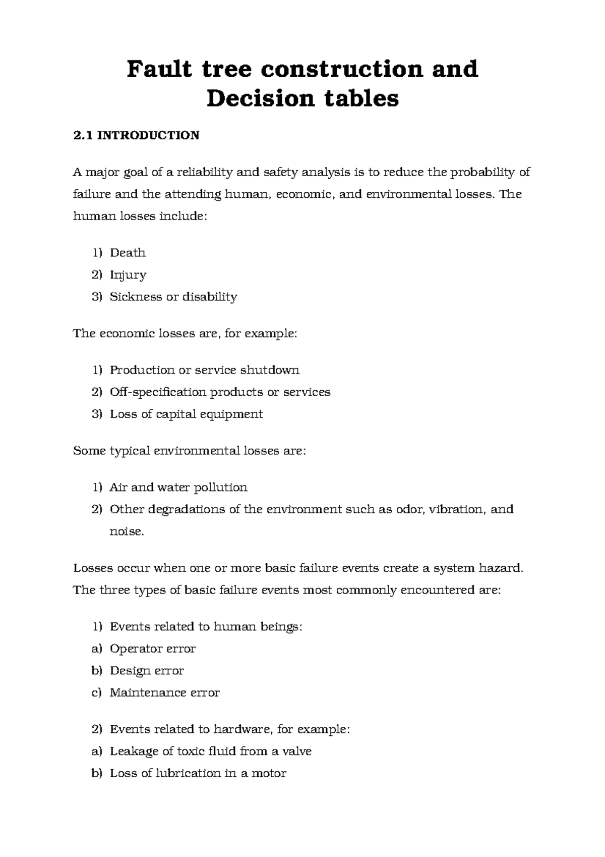 Fault Tree Construction and Decision Tables - Fault tree construction ...