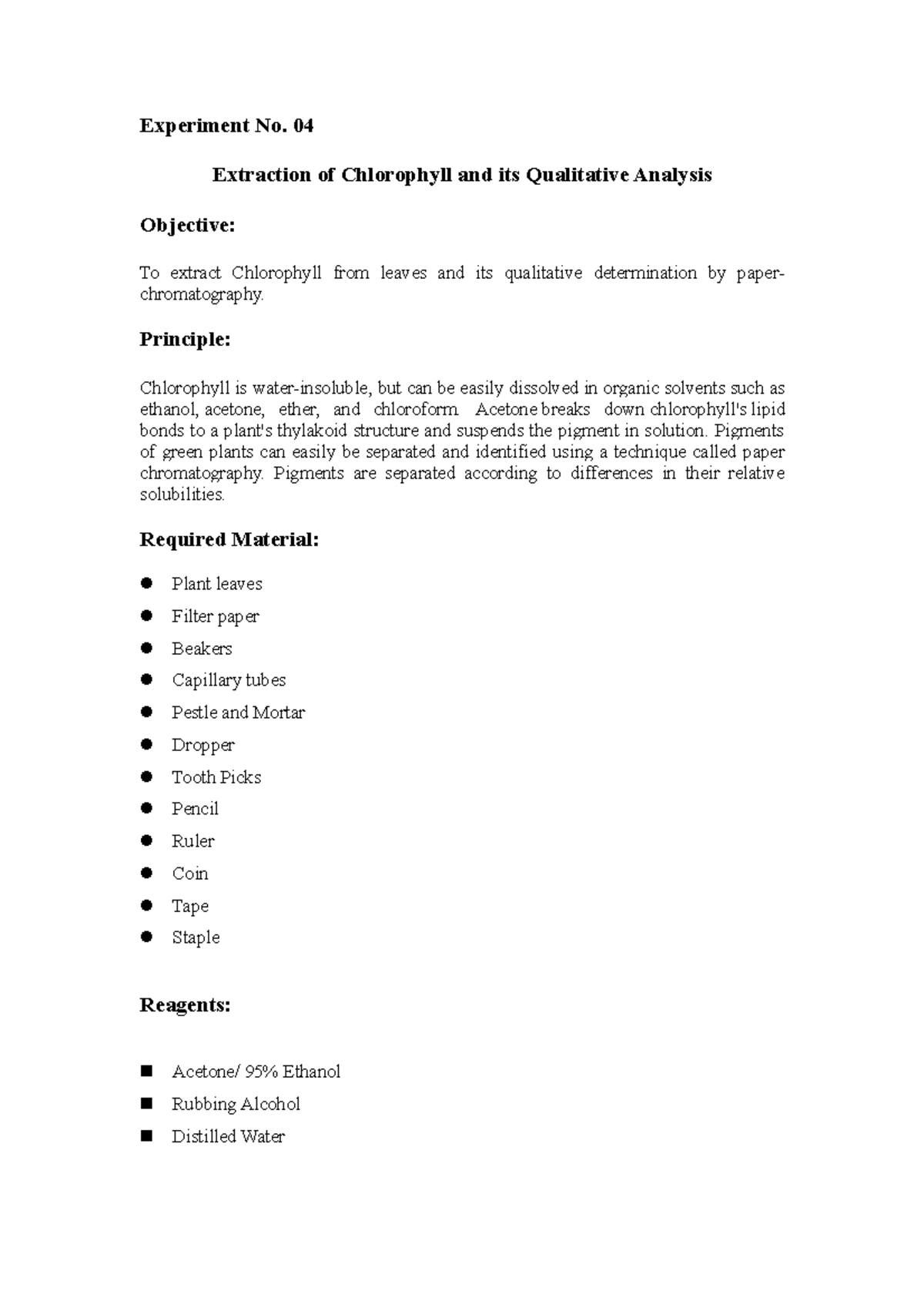 Extraction of Chlorophyll and its qualitative Analysis - Experiment No ...