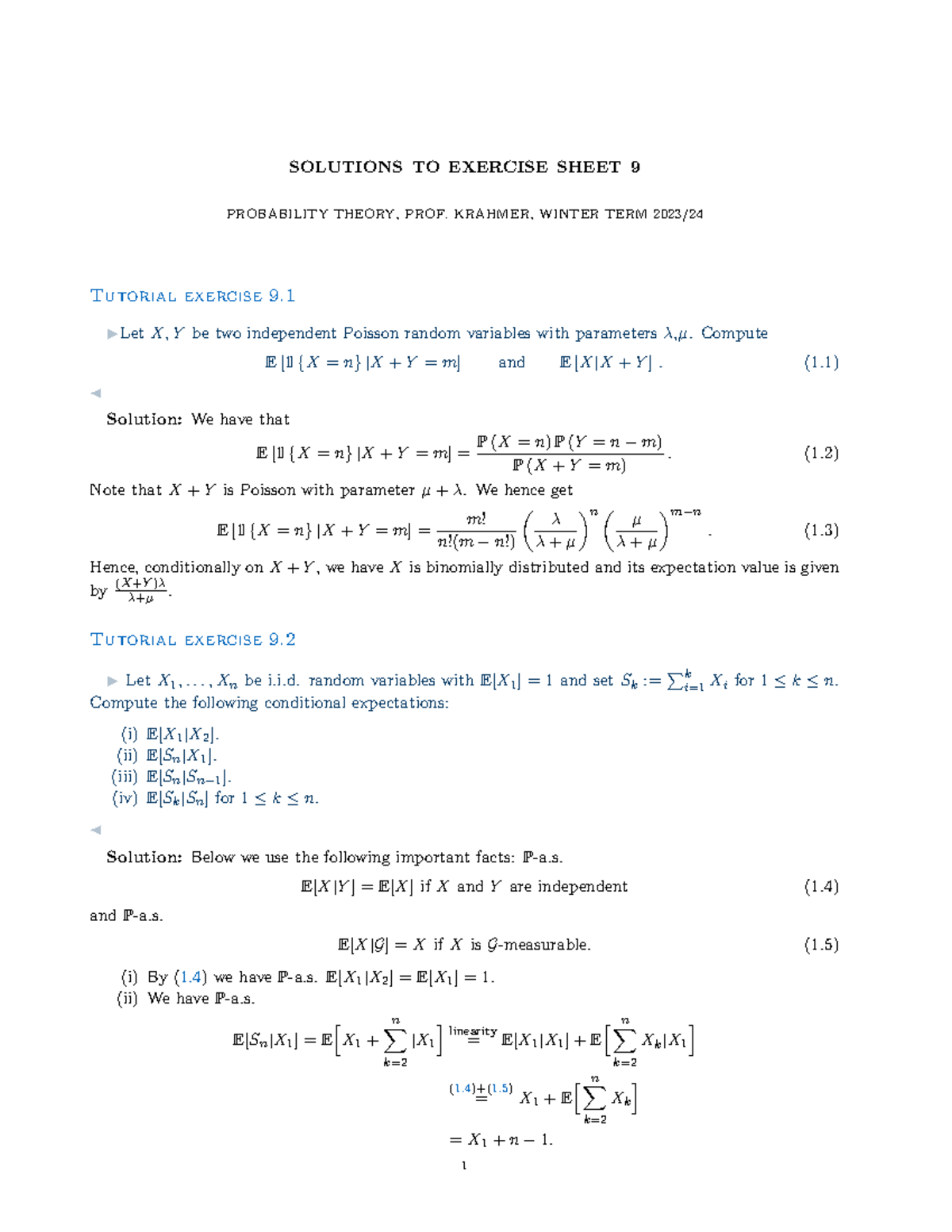 Sheet 9 Probability Theory - SOLUTIONS TO EXERCISE SHEET 9 PROBABILITY ...