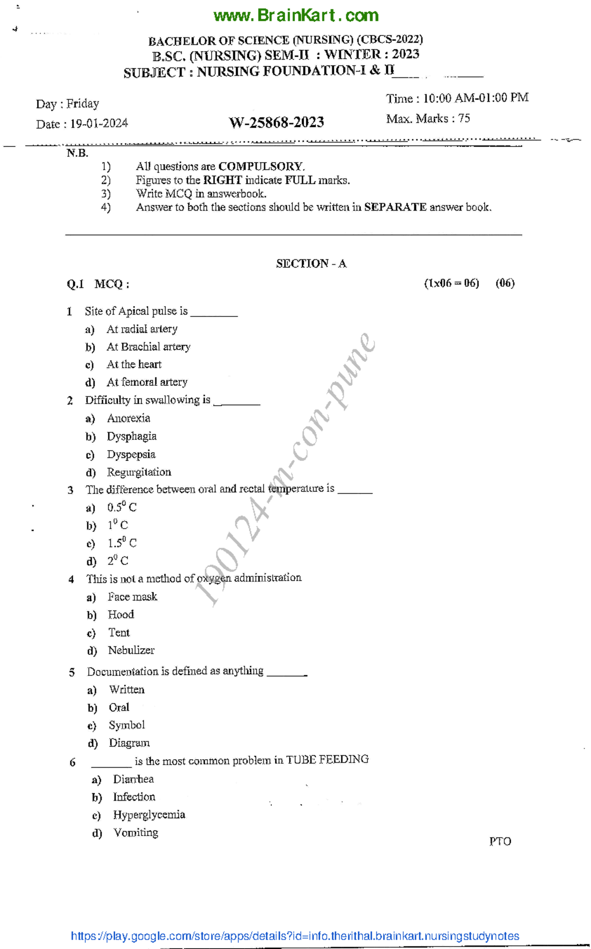 Nursing Foundation I and II - Question Paper 2023 Winter - 190124-m-con ...