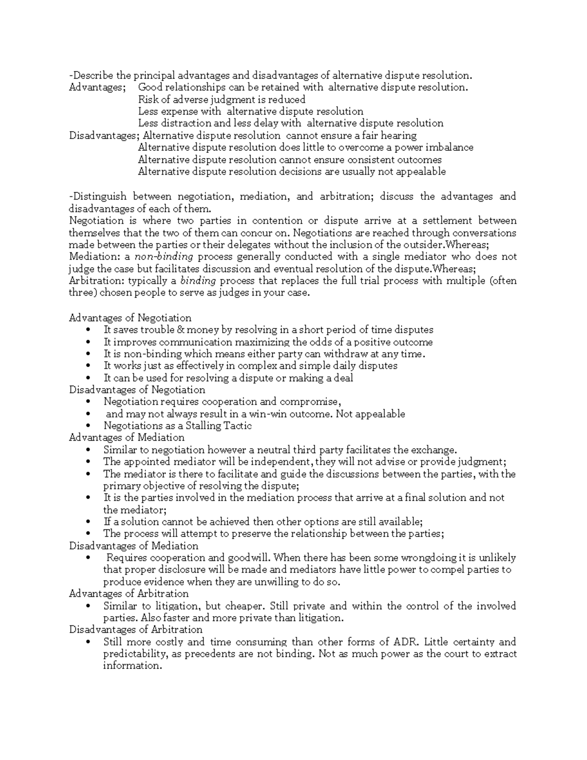 Chapter 3 Business Law -Describe the principal advantages and disadvantages of alternative ...