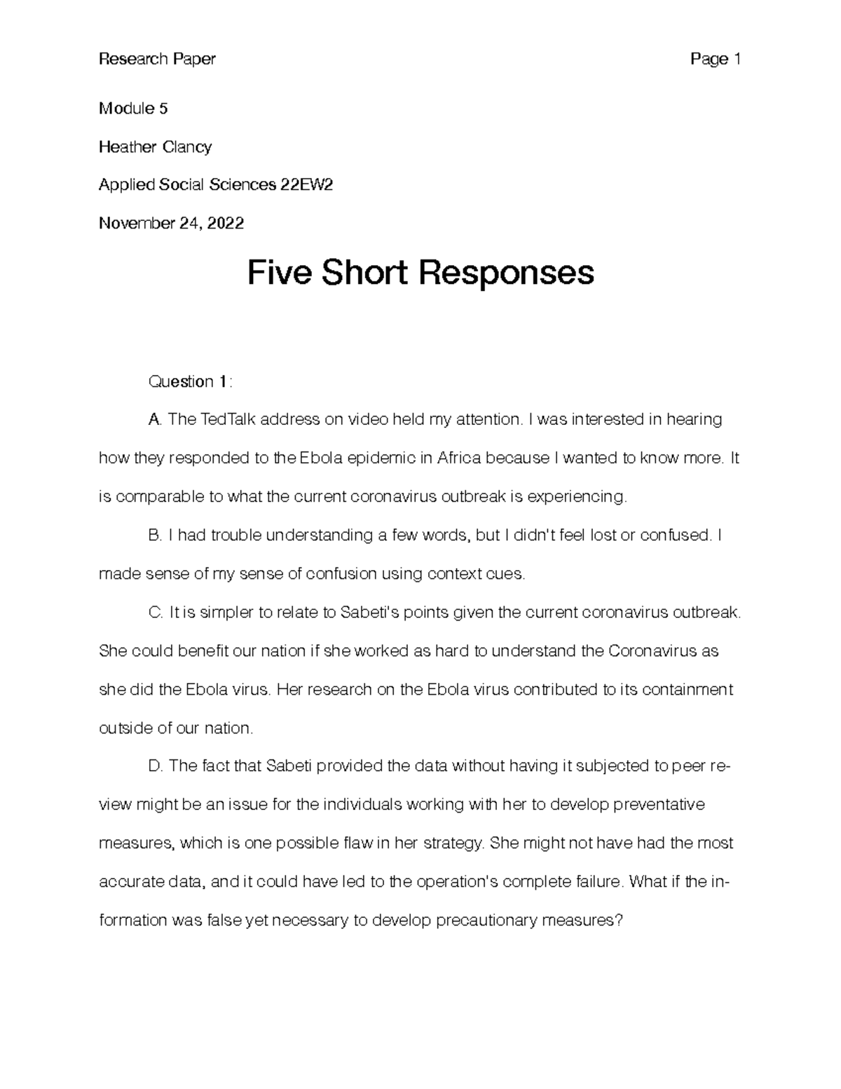 Five Short Responses(PDF) - Research Paper Page 1 Module 5 Heather ...