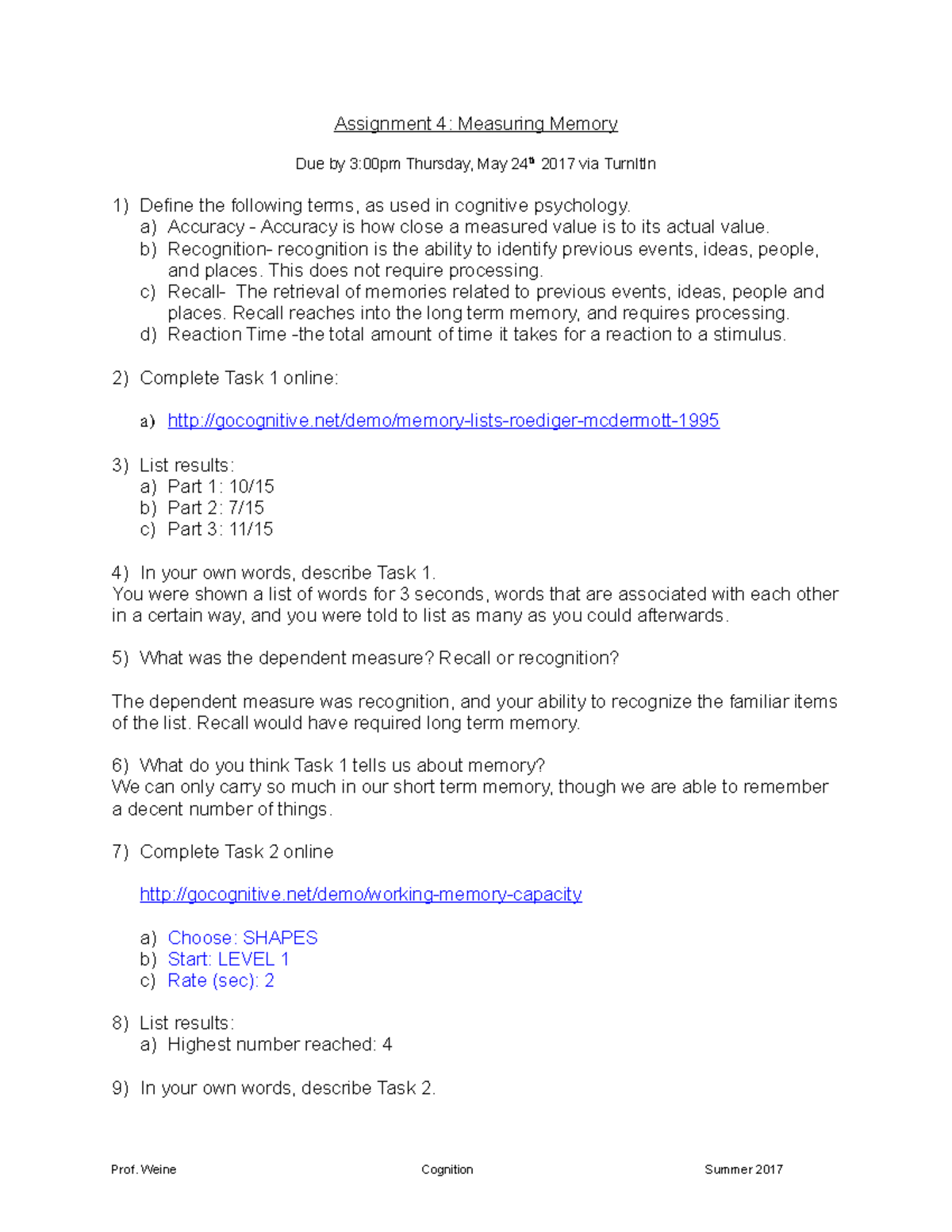 PSYC 3466 Assignment 4 - Cognition - Assignment 4: Measuring Memory Due by 3:00pm Thursday, May ...