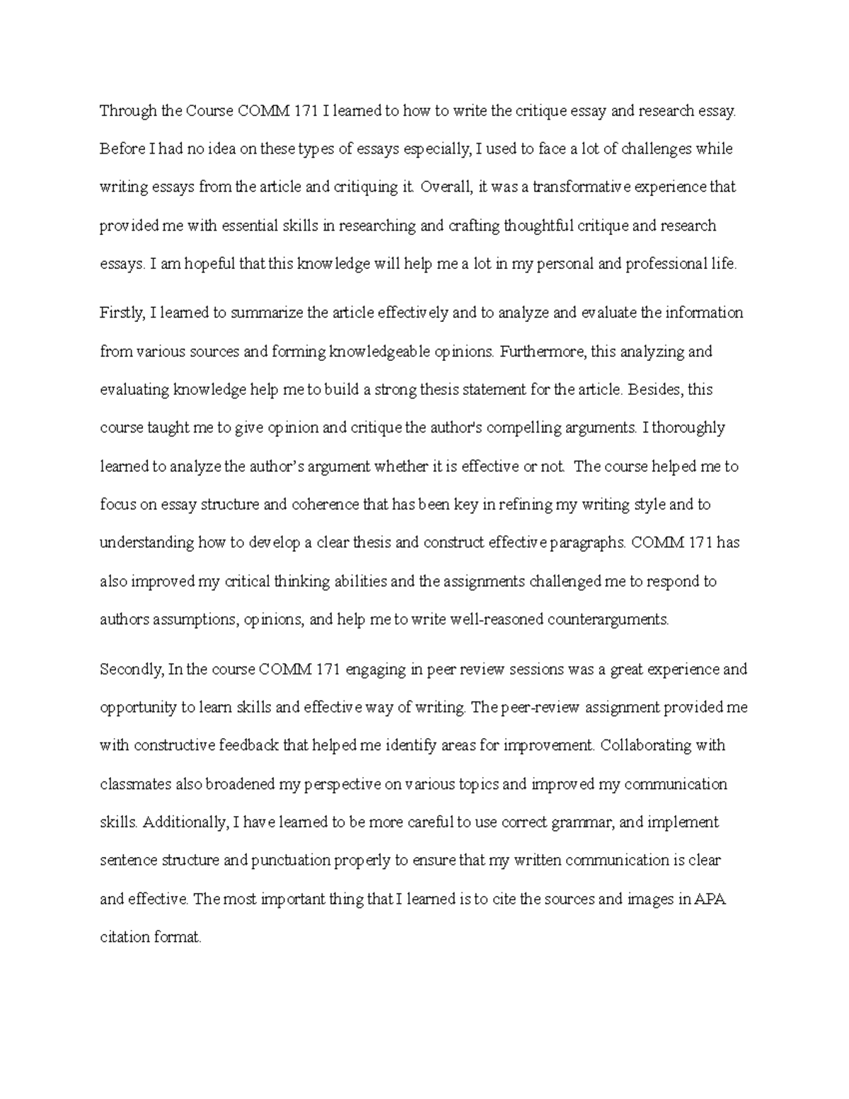 Course Reflection 171 - Individual assignment - Through the Course COMM 171 I learned to how to ...