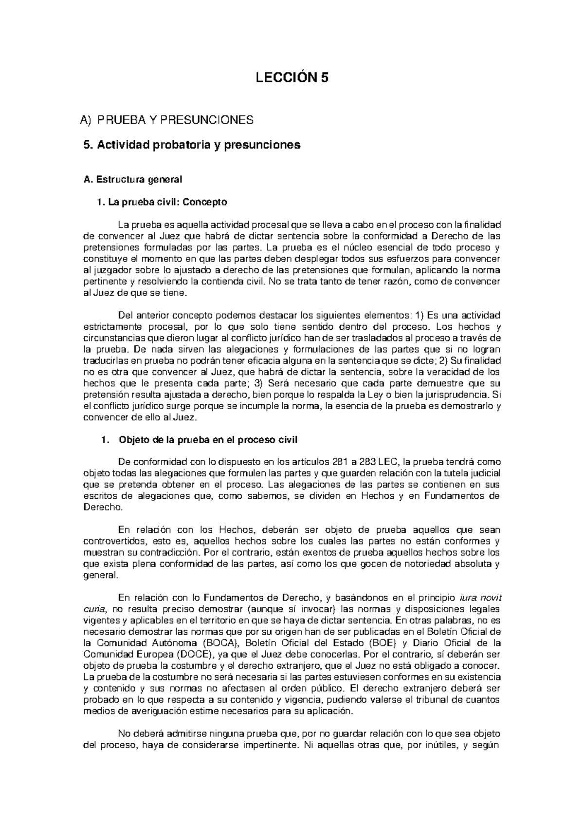 Leccion 5 Derecho Procesal Civil - LECCIÓN 5 A) PRUEBA Y PRESUNCIONES 5 ...