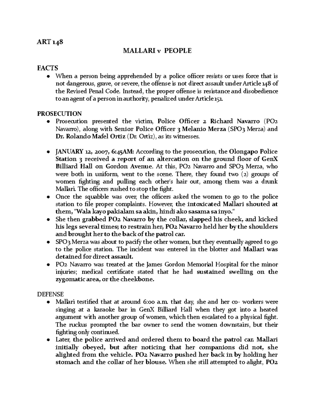 Article 148 - Mallari v People - ART 148 MALLARI v PEOPLE FACTS When a ...