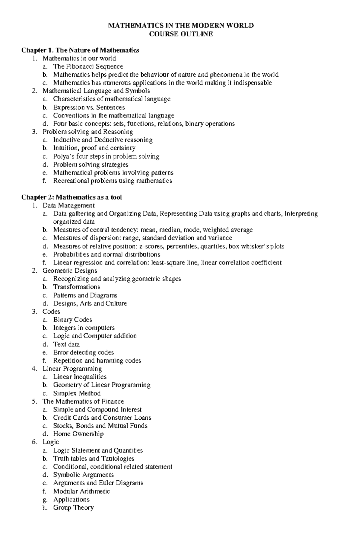 MMW-Course-Outline - Outline - MATHEMATICS IN THE MODERN WORLD COURSE ...