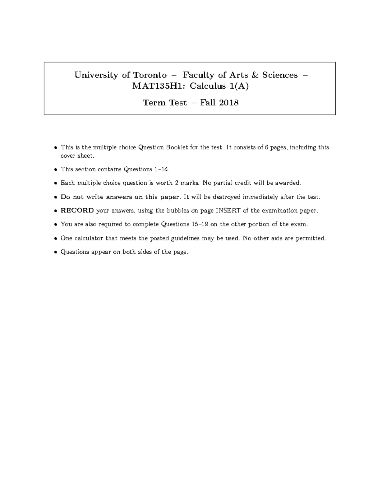 Official Term Test Fall 2018 Question Sheet with Solutions - University ...