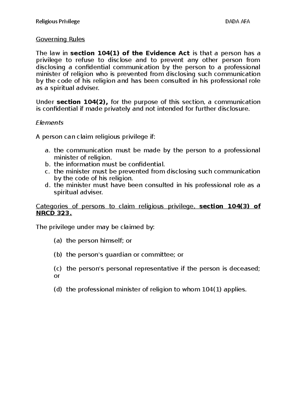 Religious Privilege - Notes - Religious Privilege DADA AFA Governing ...