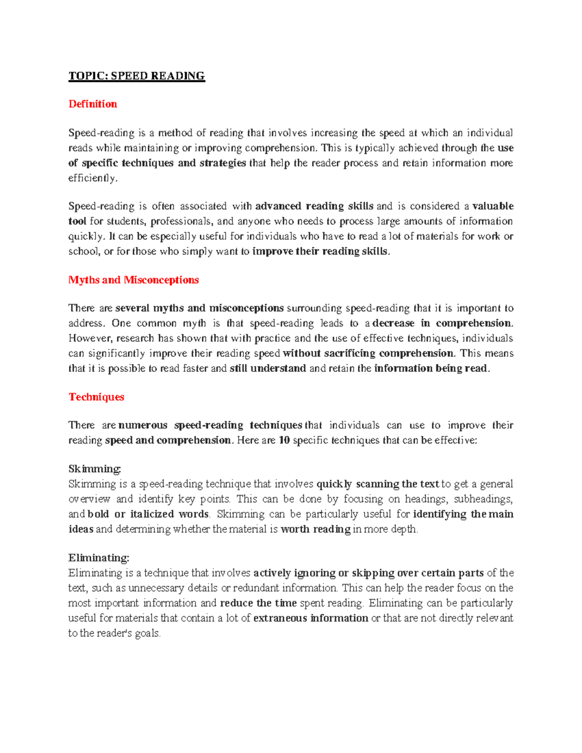 Topic-Speed Reading-spring-24 - TOPIC: SPEED READING Definition Speed ...