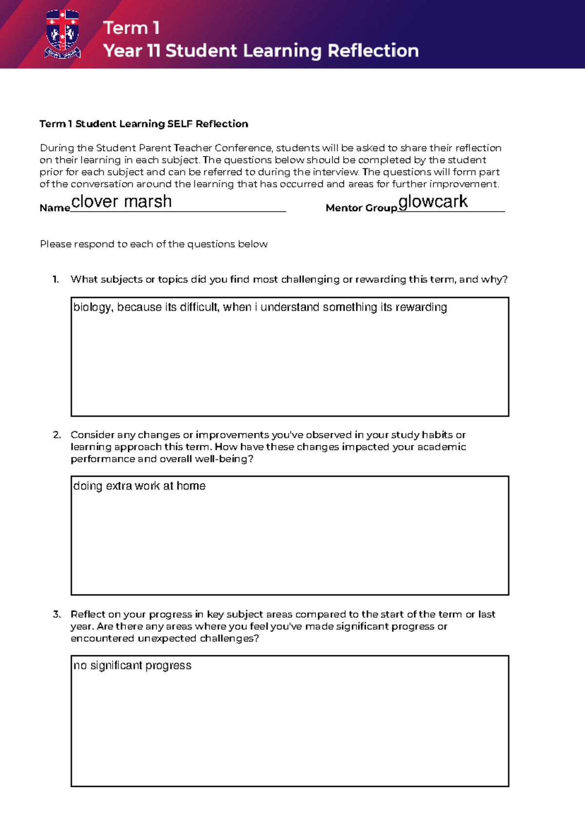 2024 Term 1 Year 11 SELF Reflection Form - Term 1 Student Learning SELF ...