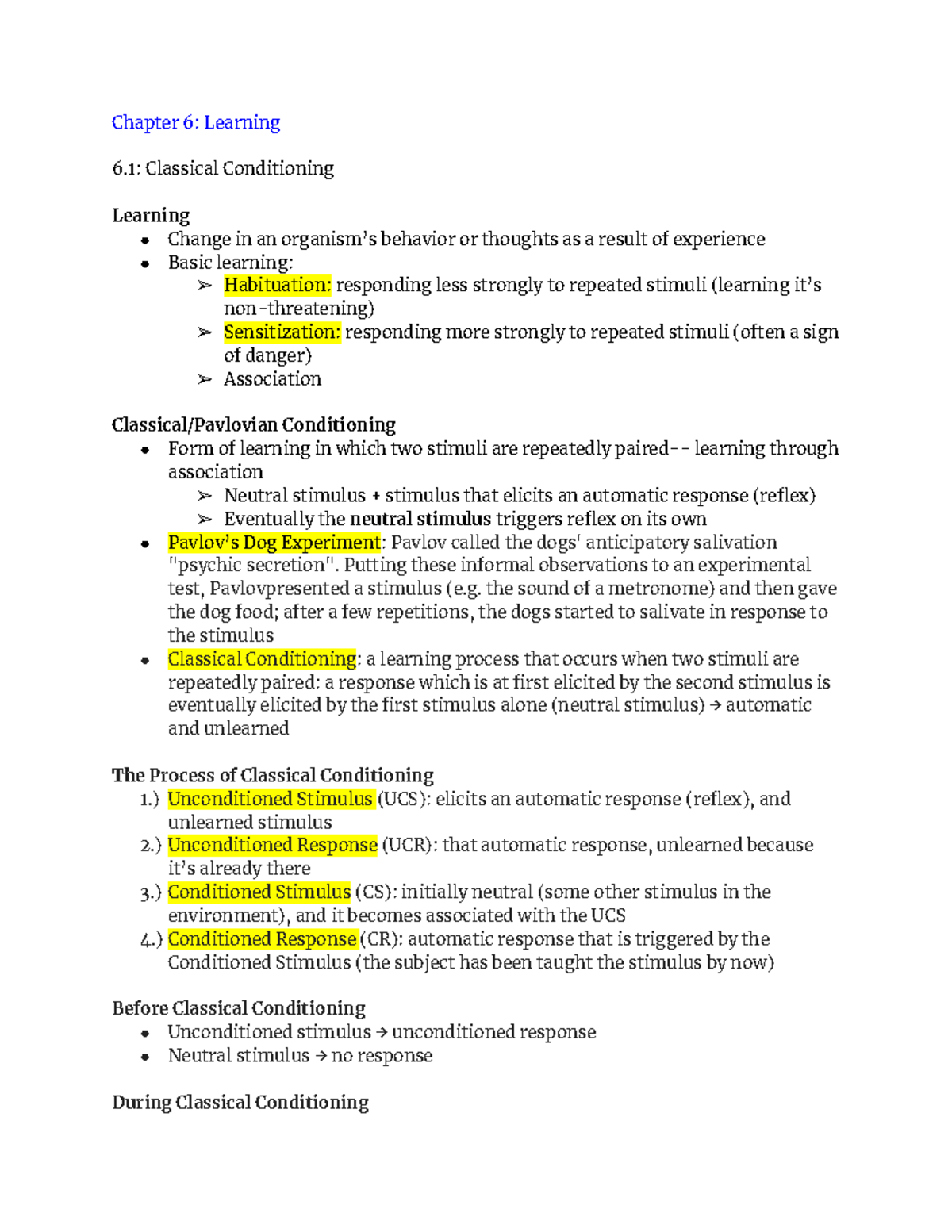 PSYC 100 Chapter 6 Learning - Chapter 6: Learning 6: Classical ...
