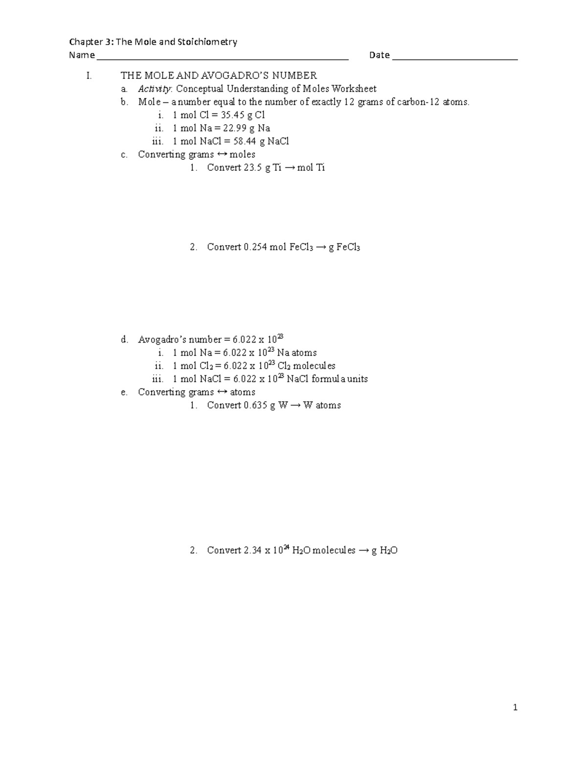 CHEM 141 - Chapter 3 Module - Fall 2019 - Name