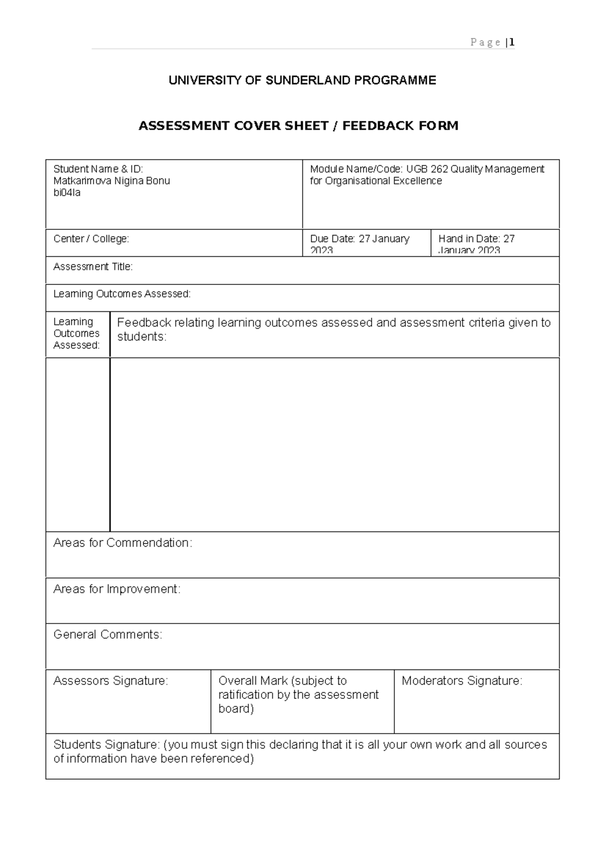 262 2 3 - UGB262 - UNIVERSITY OF SUNDERLAND PROGRAMME ASSESSMENT COVER ...