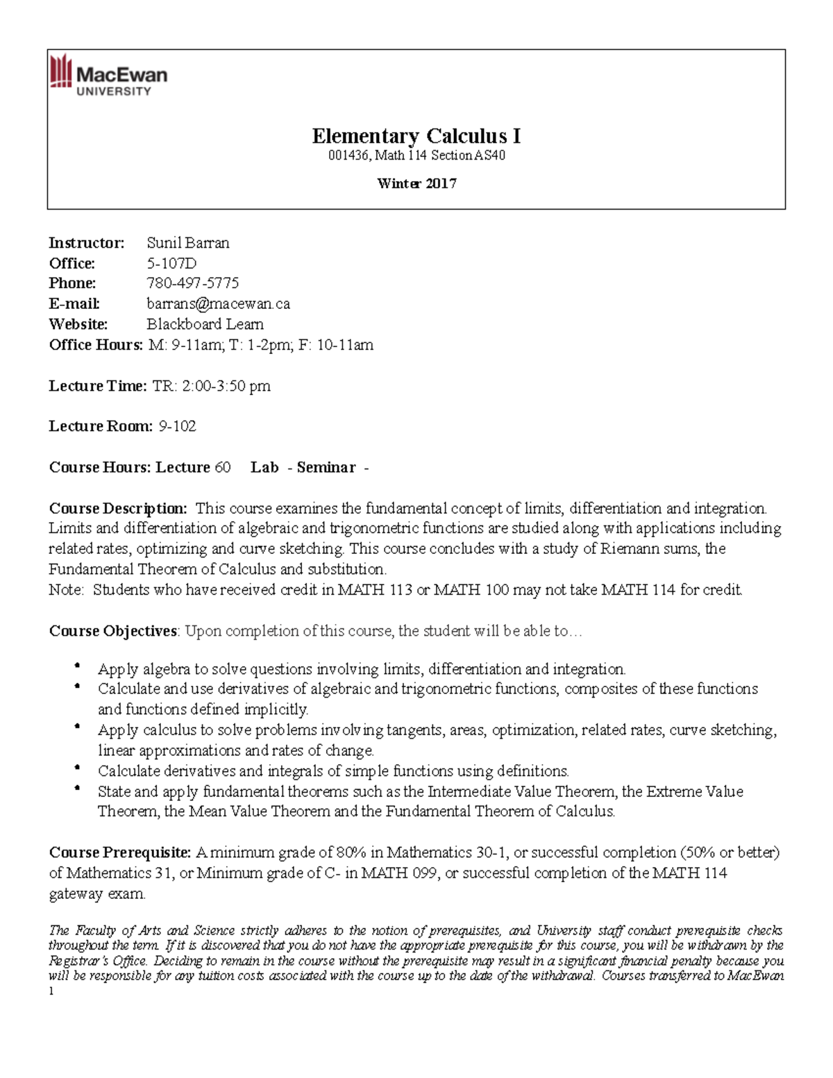 Math 114 Syllabus Elementary Calculus I 001436 Math 114 Section