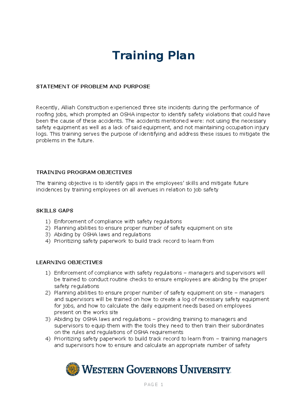 Training Plan - Passed on second attempt - Training Plan STATEMENT OF ...