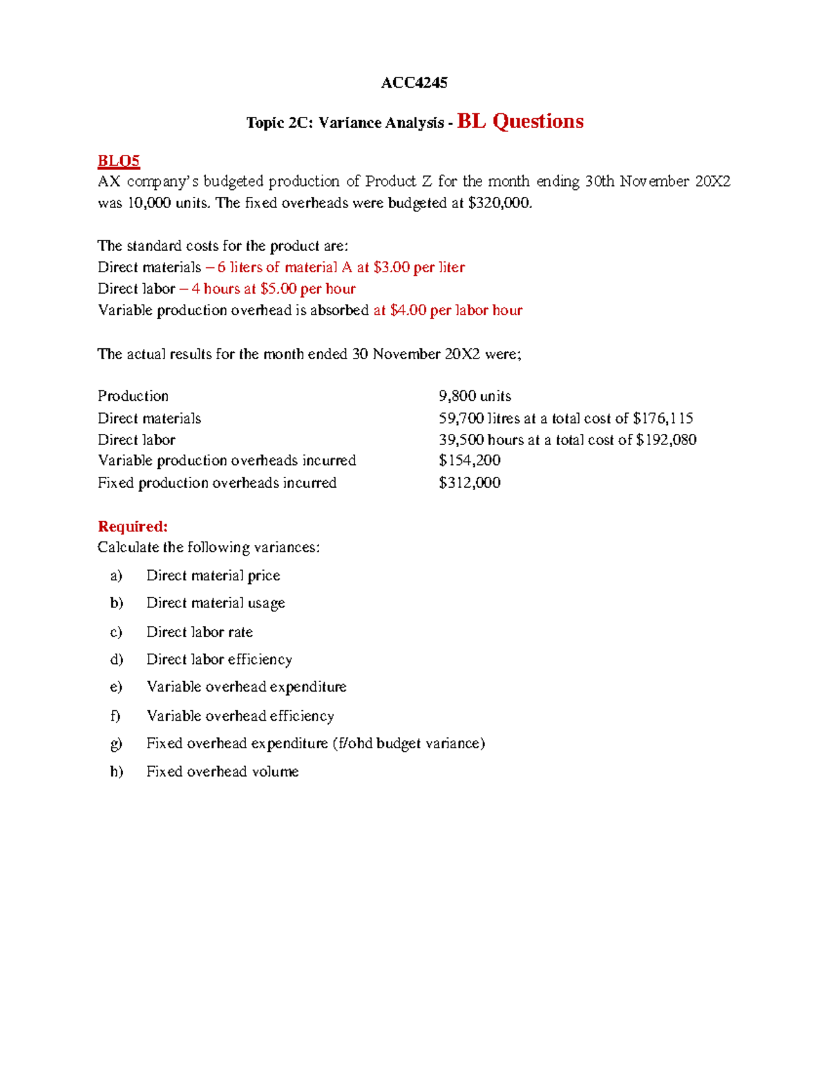BLQ5 VA - 1111 - ACC Topic 2C: Variance Analysis - BL Questions BLQ AX ...