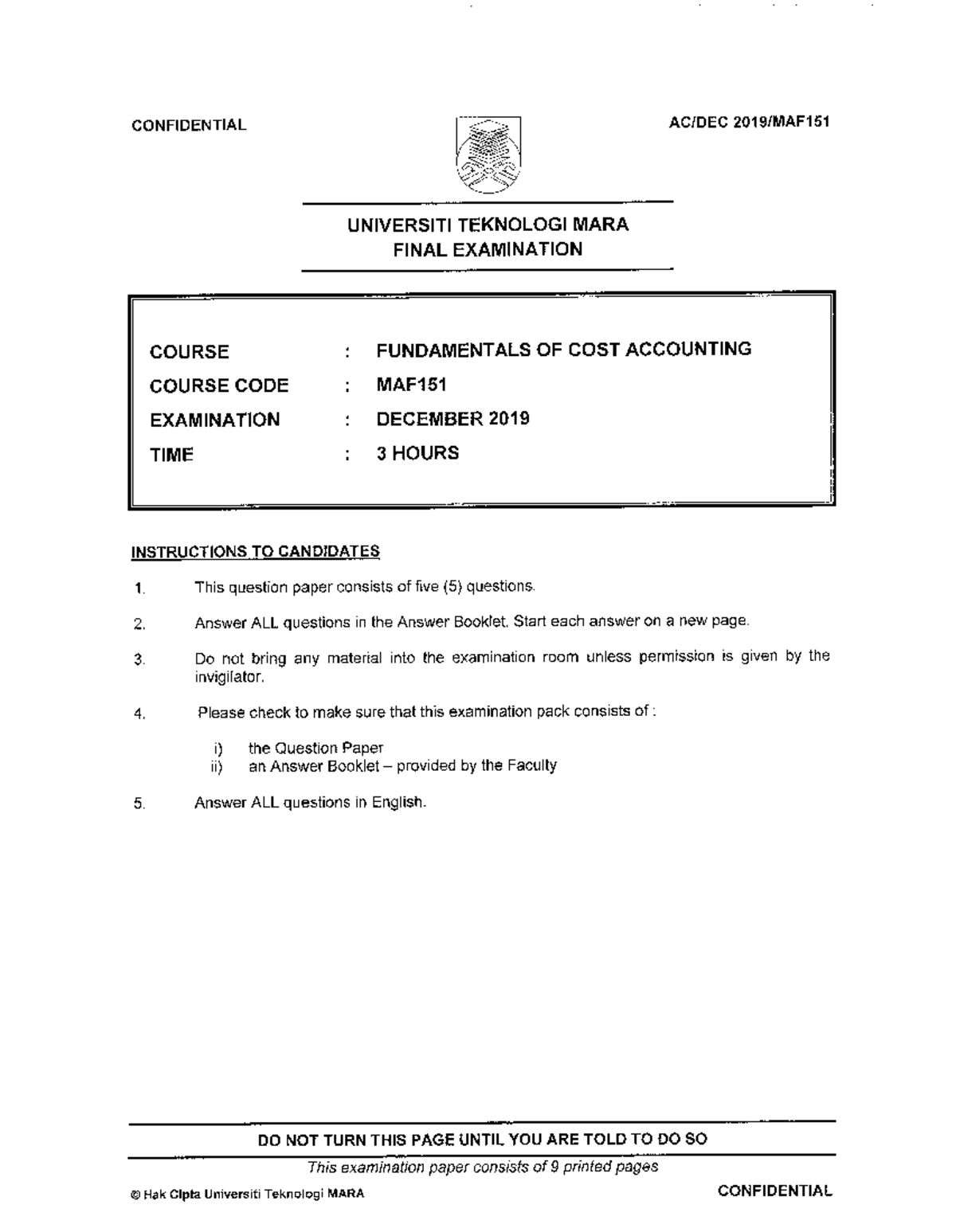 MAF151 dec2019 - No answer scheme - CONFIDENTIAL COURSE COURSECODE ...