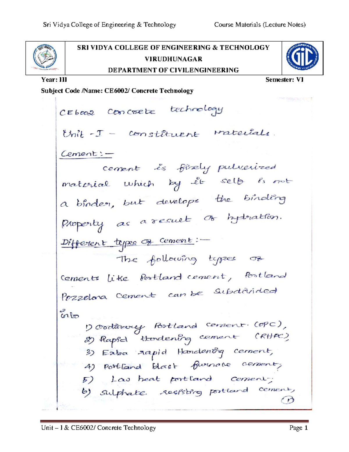 103451 - I am a student - Civil Engineering - Year: IIISubject Code ...