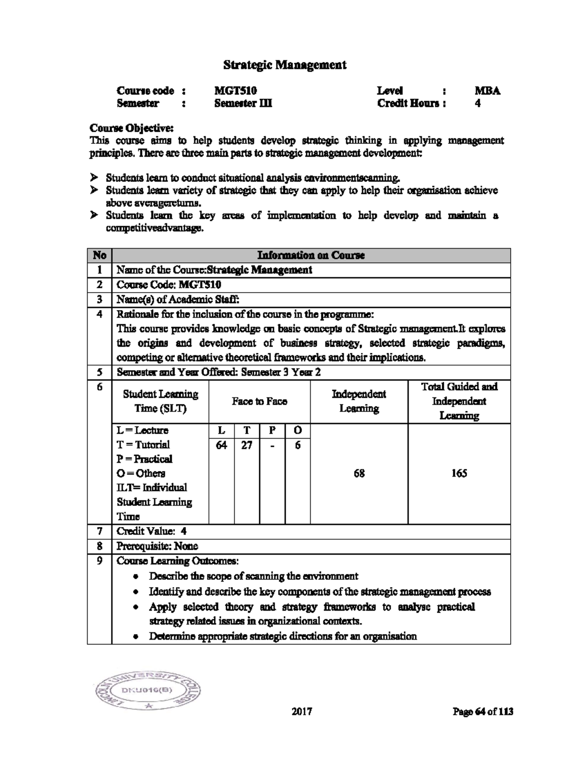 Syllabus Strategic Management - Bachelors of Business Administration ...
