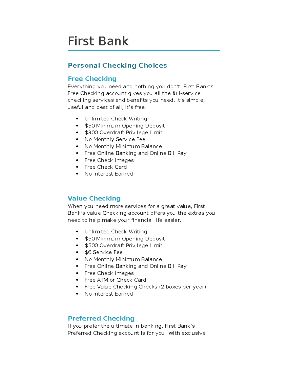 Checking 2 - MS Word Lessons and Formats - First Bank Personal Checking ...