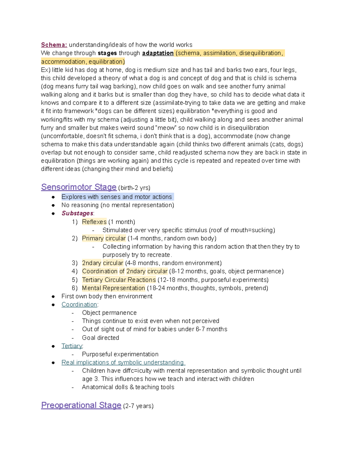 Piaget Notes Ch5 LECTURE notes - Schema: understanding/ideals of how ...