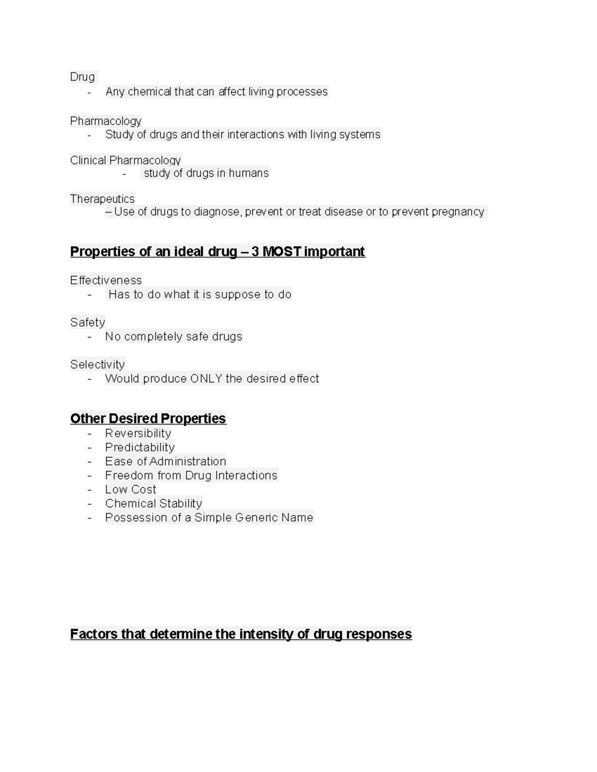 Intro to Pharm Notes - Drug - Any chemical that can affect living ...