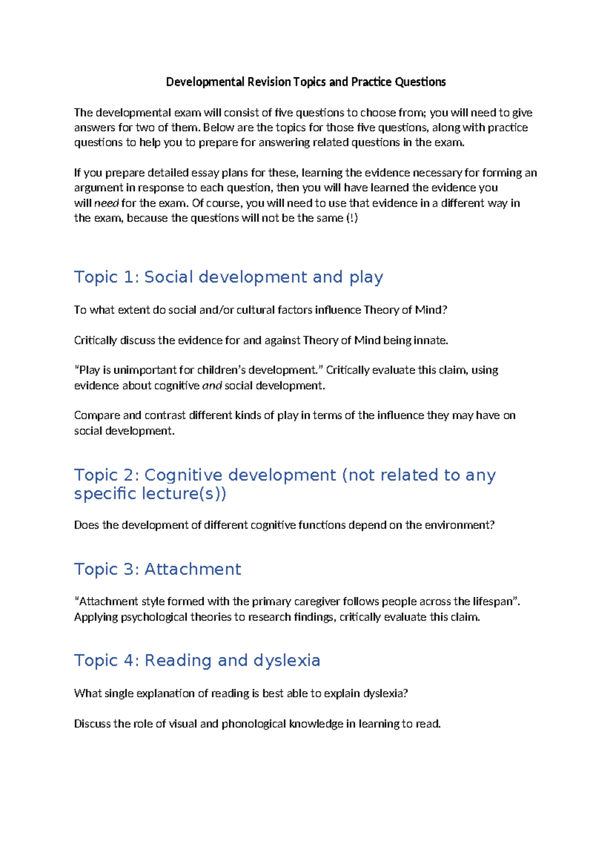 Developmental exam practice questions 2023-24 - Developmental Revision ...