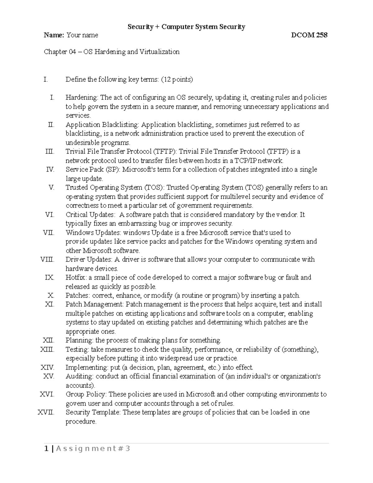 Dcom 258 Lab 04 Os Hardening And Virtualization Security Computer System Security Name Your