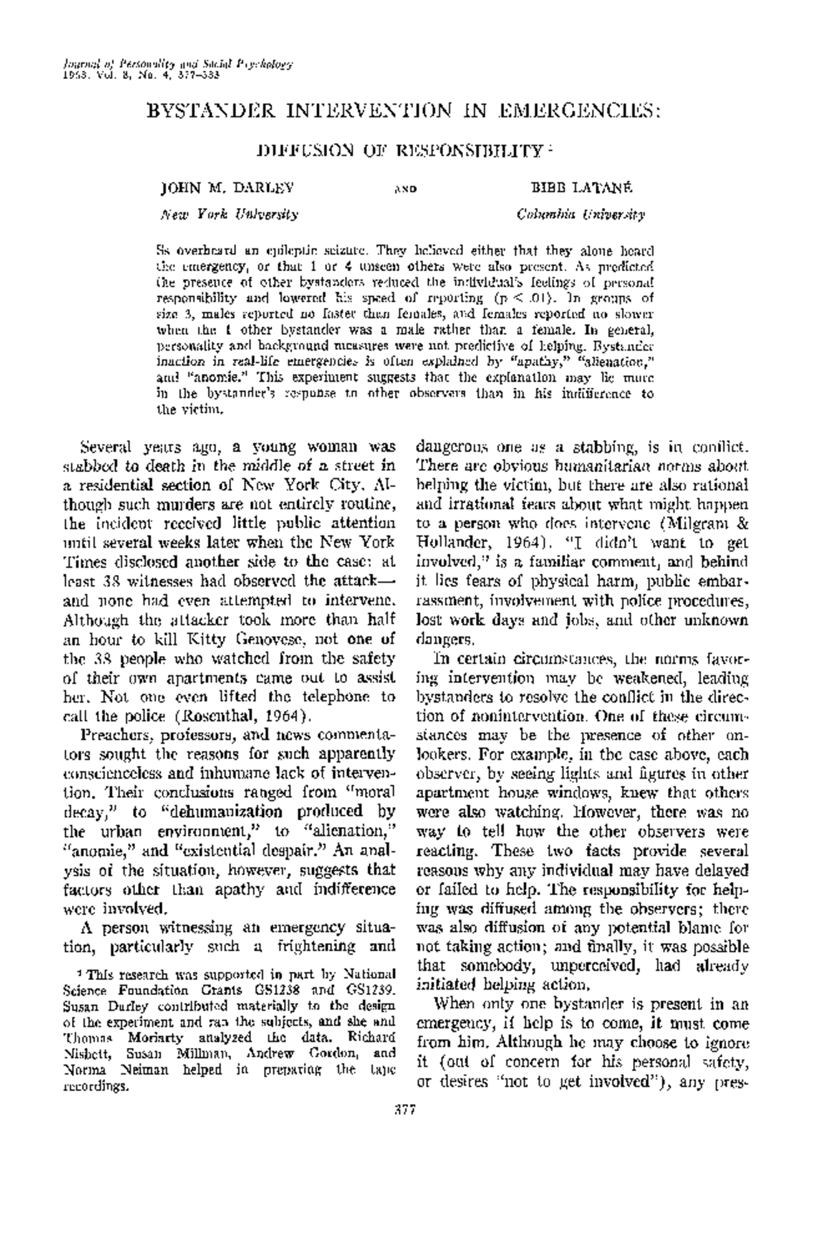 Darley y Latané. Bystander intervention in emergencies-diffusion of ...