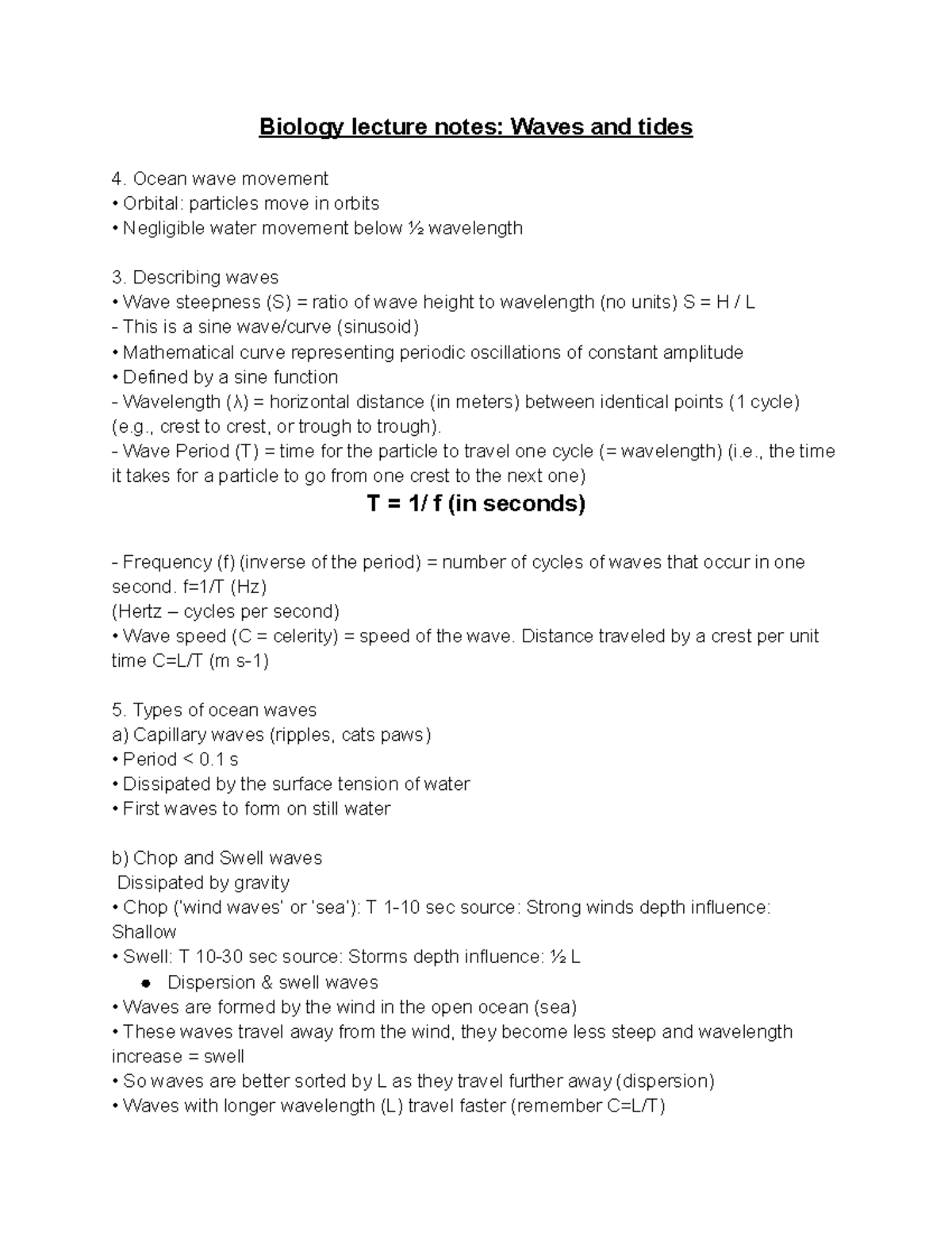 Biology lecture notes Waves and tides - , crest to crest, or trough to ...