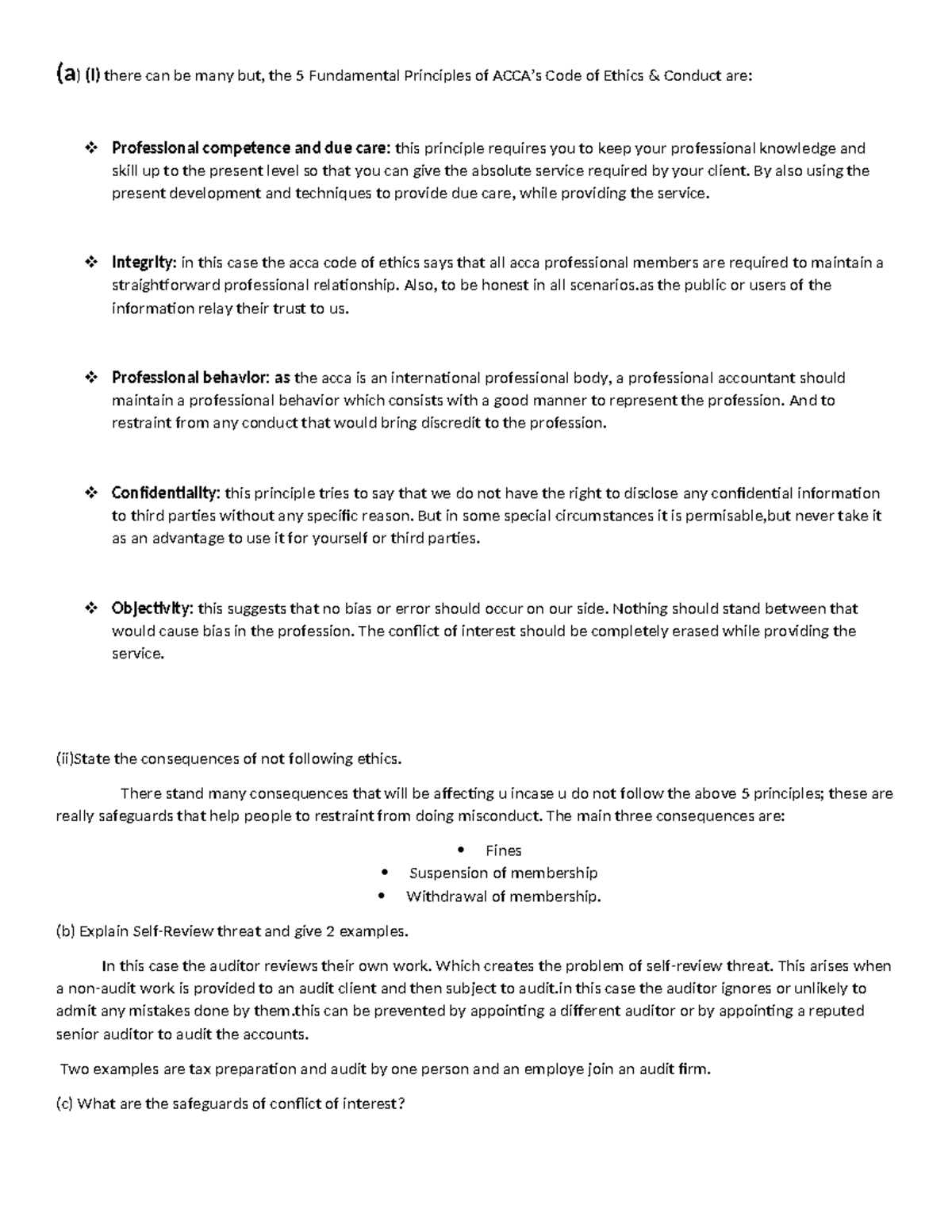 (a) (i) 5 Fundamental Principles of ACCA’s Code of Ethics & - (a) (i ...