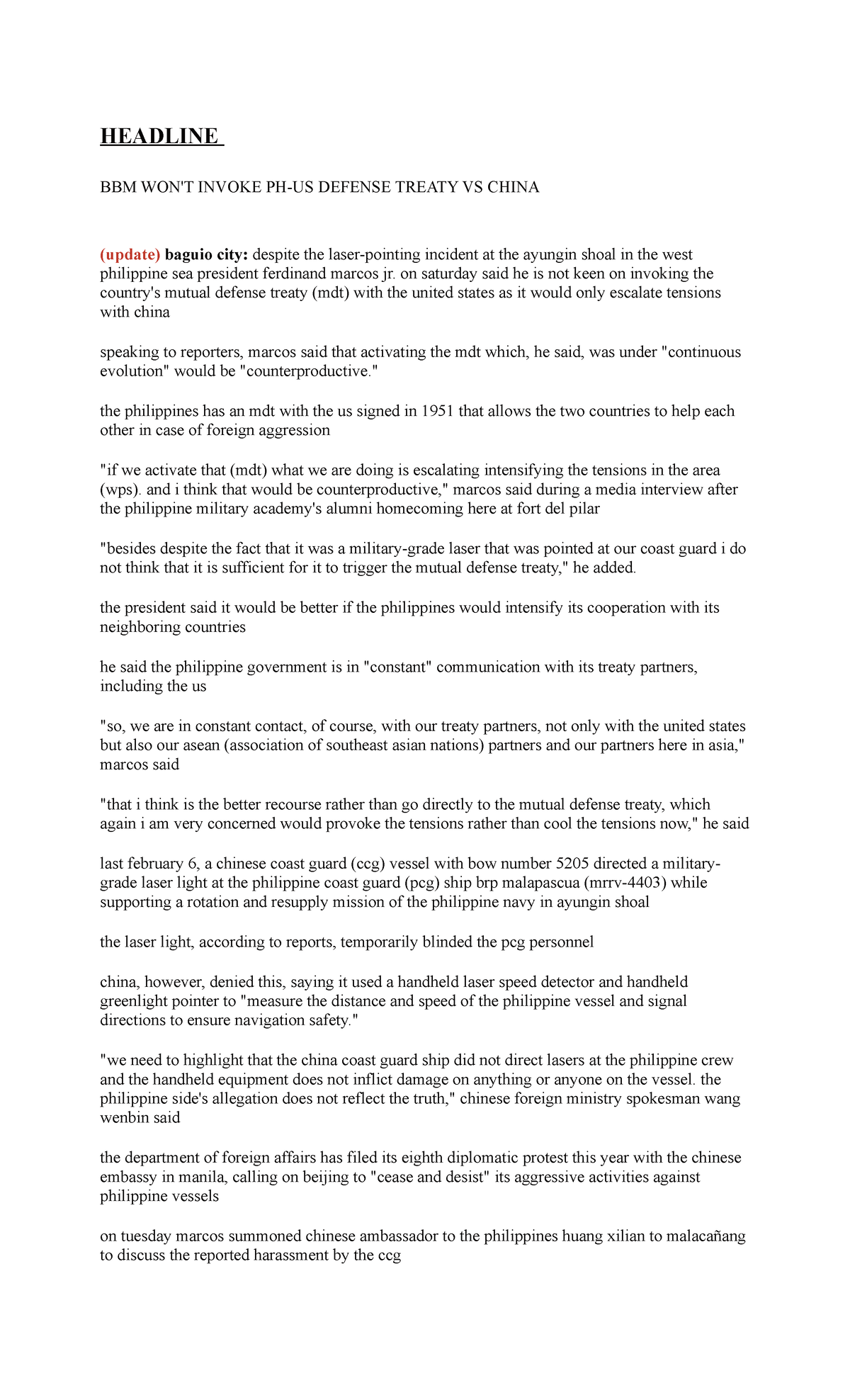 NEWS Script - Sample - HEADLINE BBM WON'T INVOKE PH-US DEFENSE TREATY ...