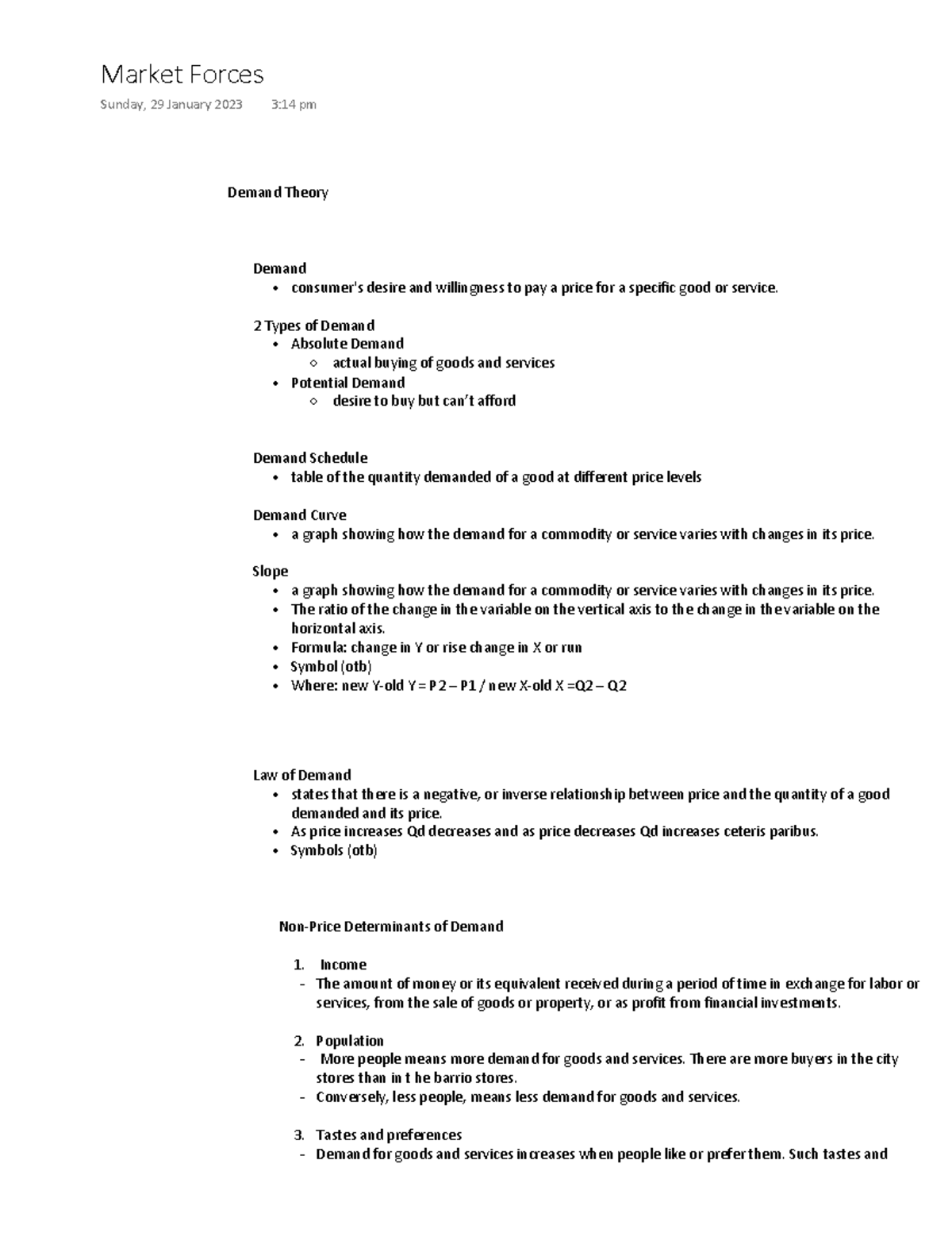 Market Forces - Notes - Demand Theory Demand - consumer's desire and ...
