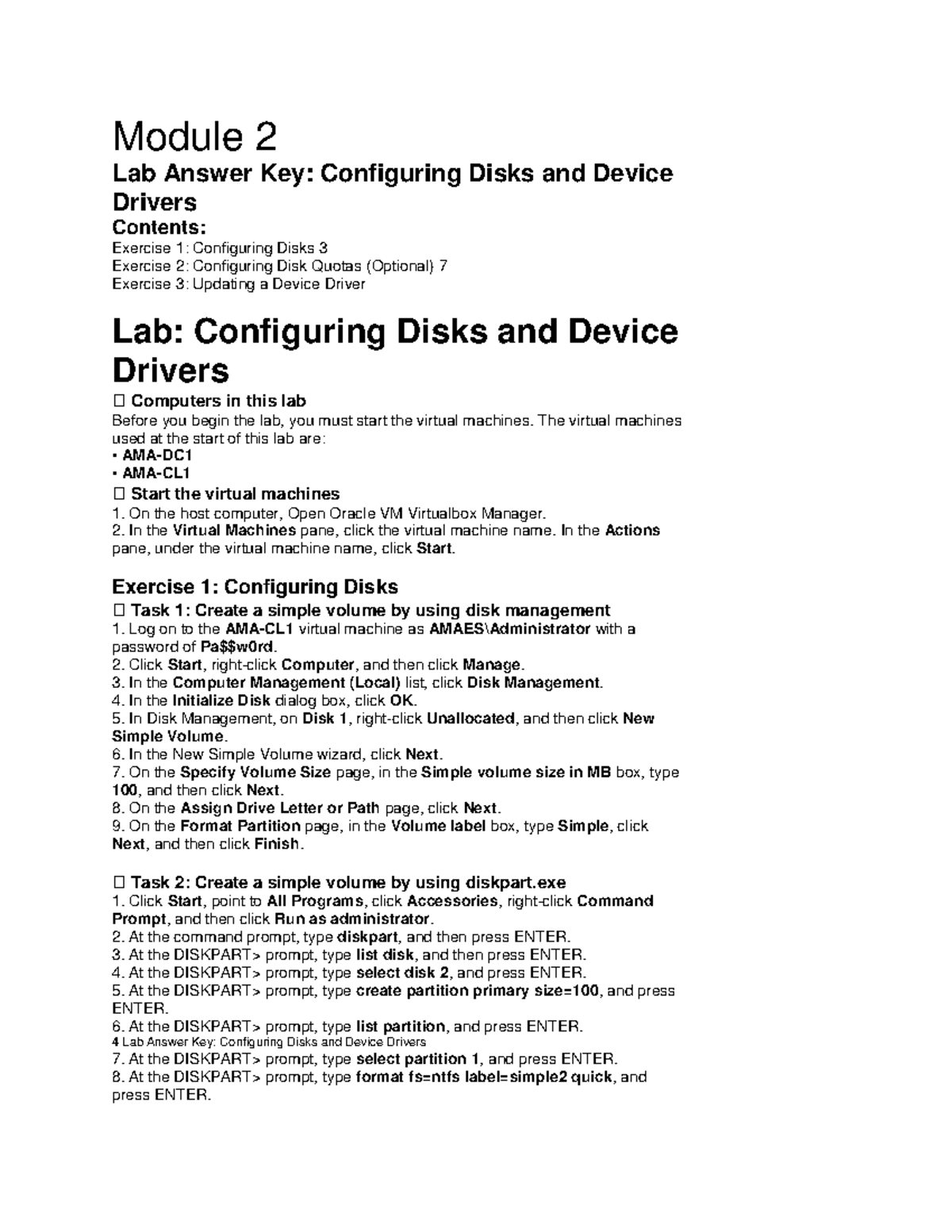 W6 Lesson 5 - Configuring Disks and Device Drivers - Activity - Module 2 Lab Answer Key ...