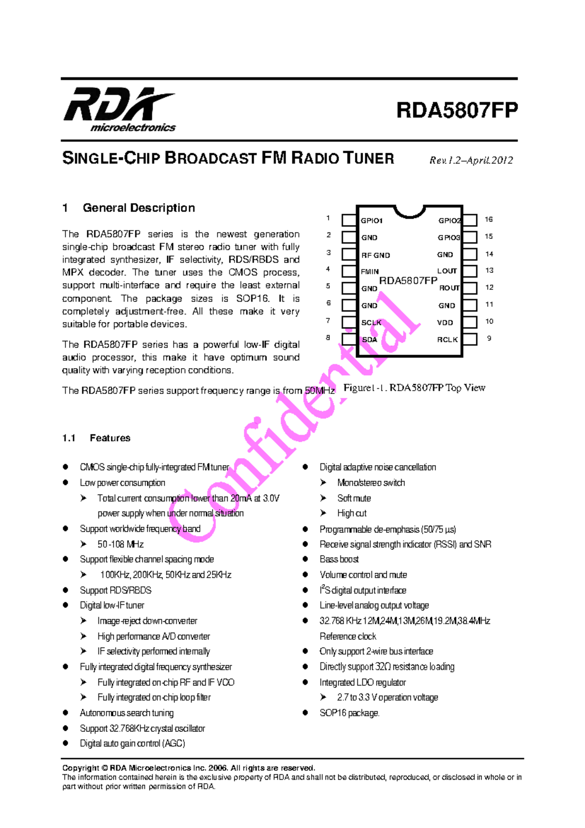 RDA5807FP - datasheet - Copyright © RDA Microelectronics Inc. 2006. All ...