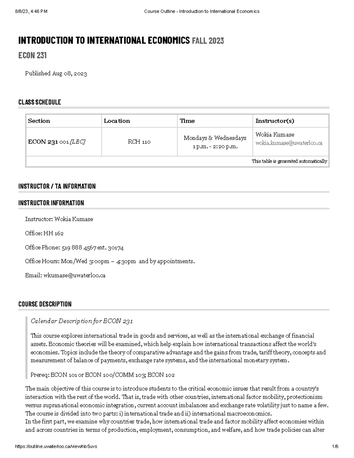 Course Outline - Introduction to International Economics - INTRODUCTION ...