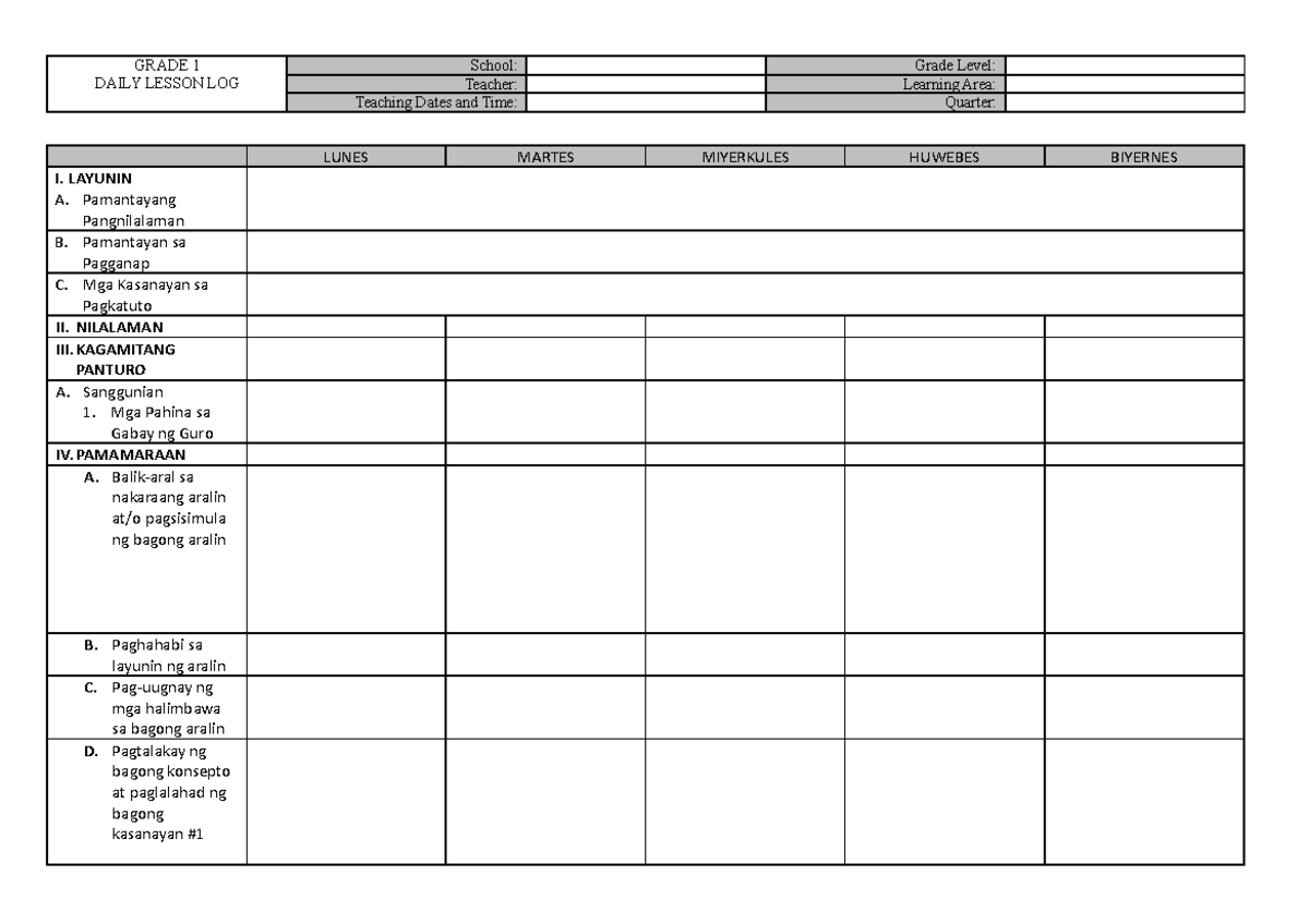 DLL Format Grade 1 Template - GRADE 1 DAILY LESSON LOG School: Grade ...