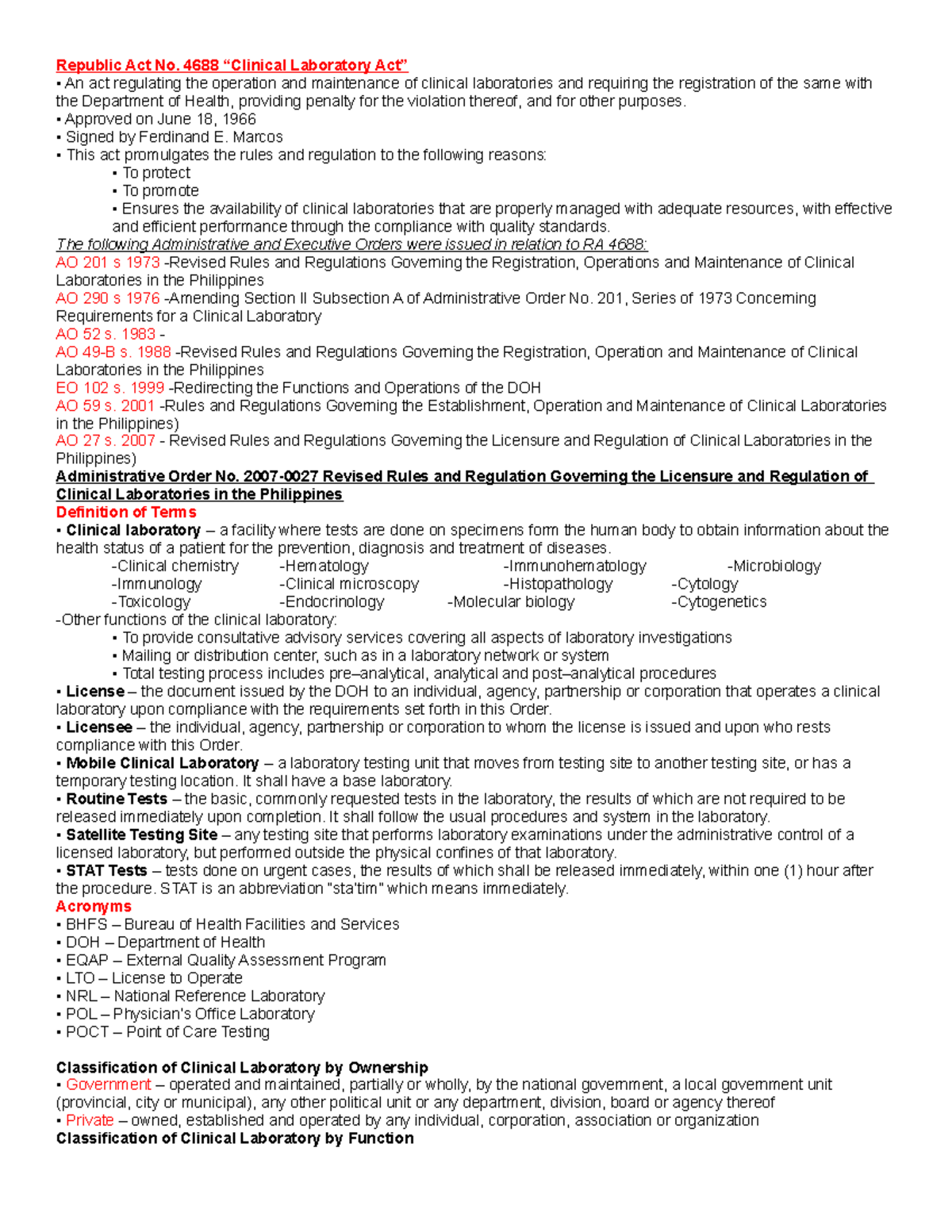 CL LAW - Lecture notes 2 - Republic Act No. 4688 “Clinical Laboratory ...