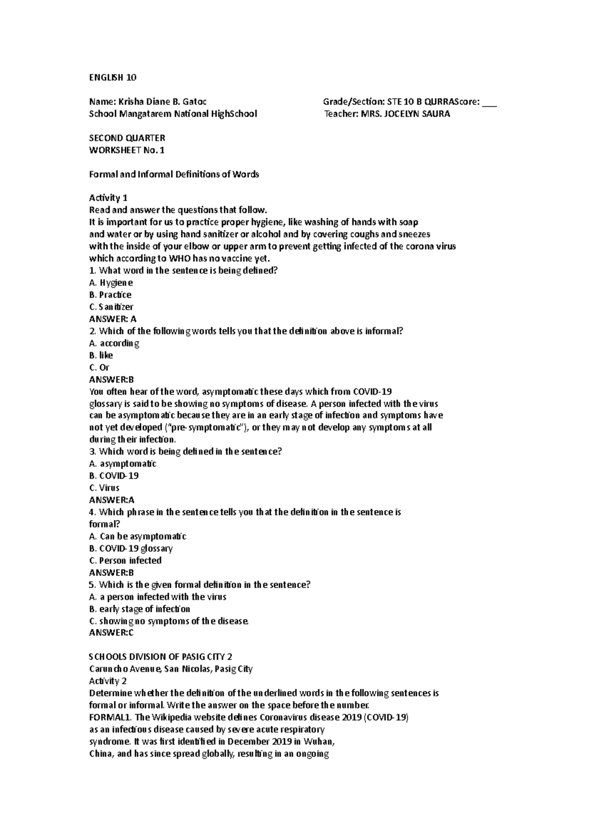 ENG Summative 1 - pls - ENGLISH 10 Name: Krisha Diane B. Gatoc Grade ...