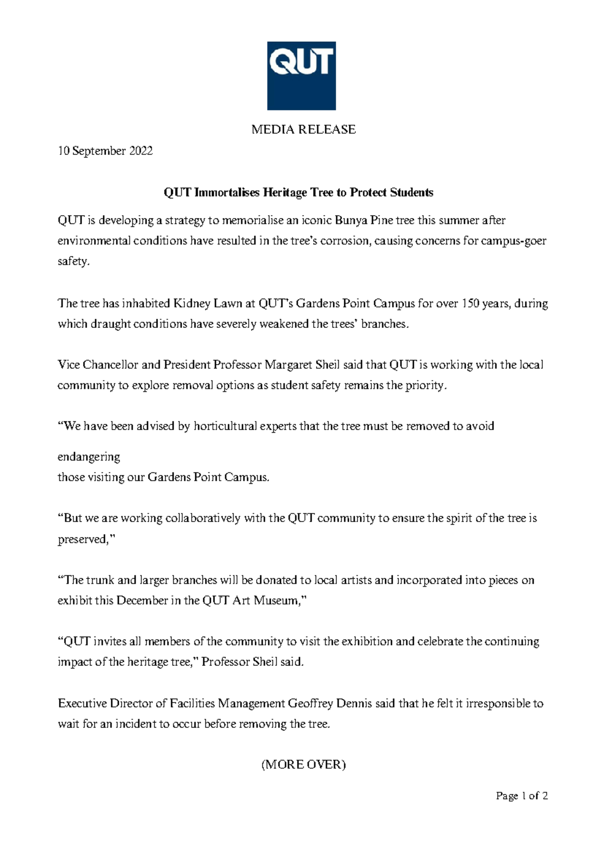 AMB164 A1 - A1 Media Release Exam - Page 1 of 2 MEDIA RELEASE QUT ...