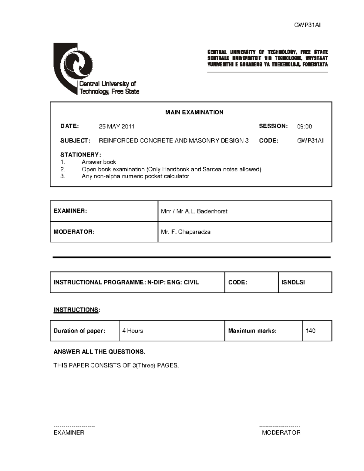 Exam SEM 1-2011 - Exam memo 2011 - GWP31AI - EXAMINER MODERATOR MAIN ...