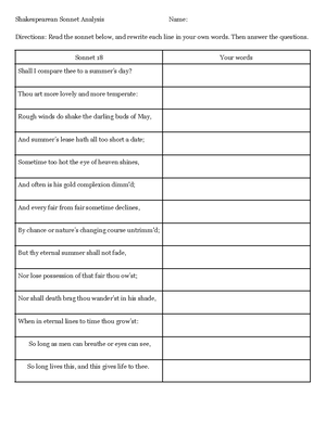 Sonnet 18 Answer Key - Shakespearean Sonnet Analysis Name: Directions ...
