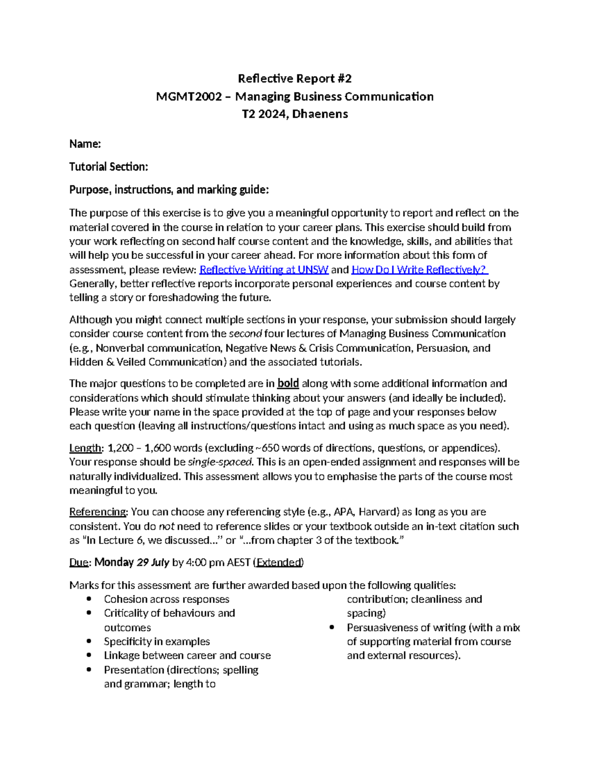MGMT2002 Reflective Report #2, T2 2024 (Revised) - Due 29 July 2024 ...